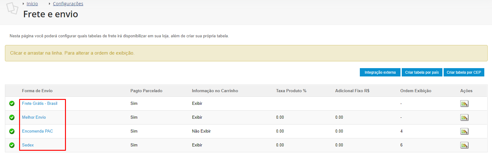 Como ordenar a apresentação das tabelas de frete e envio – Tray ...